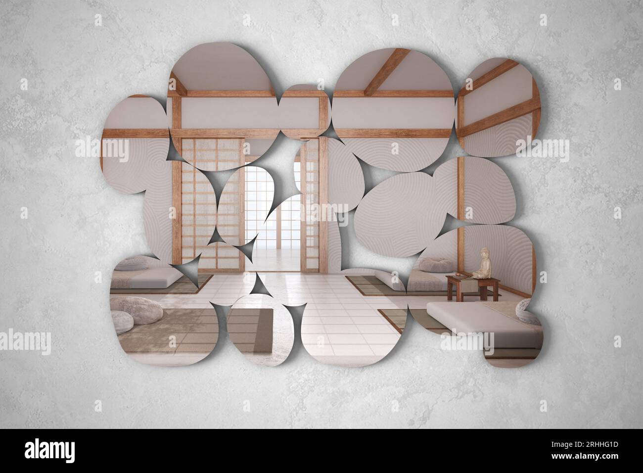Modern mirror in the shape of pebbles hanging on the wall reflecting ...