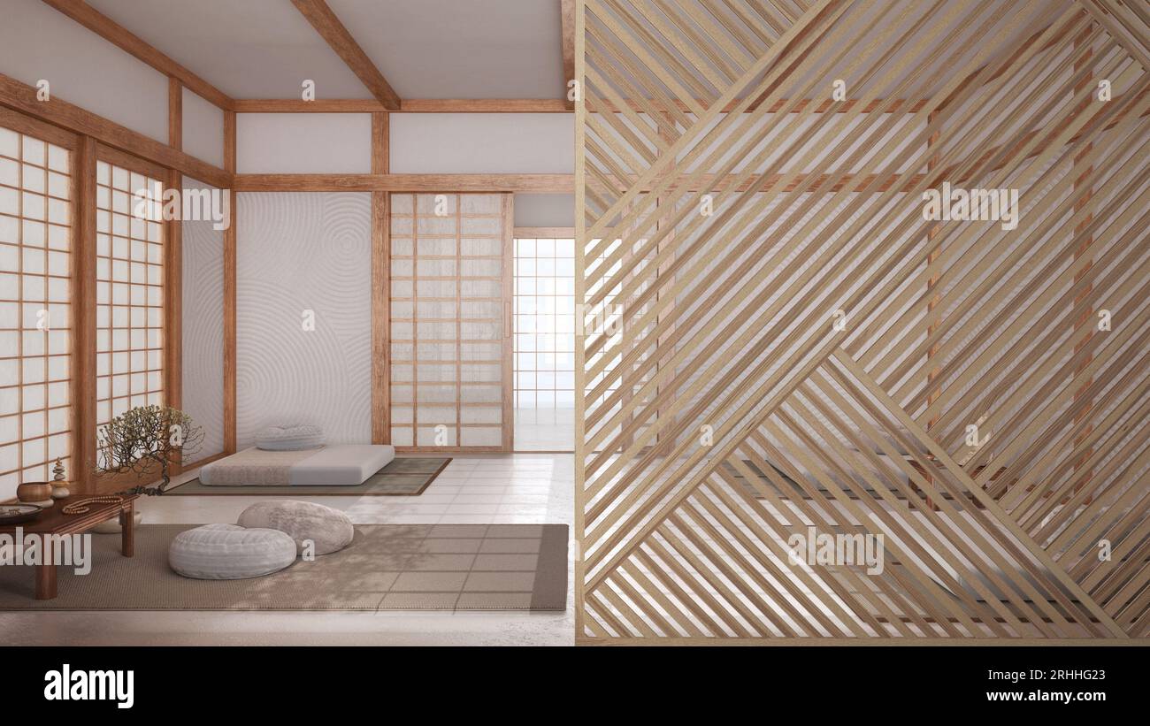 Wooden panel close-up, minimal zen meditation room, decors and resin ...