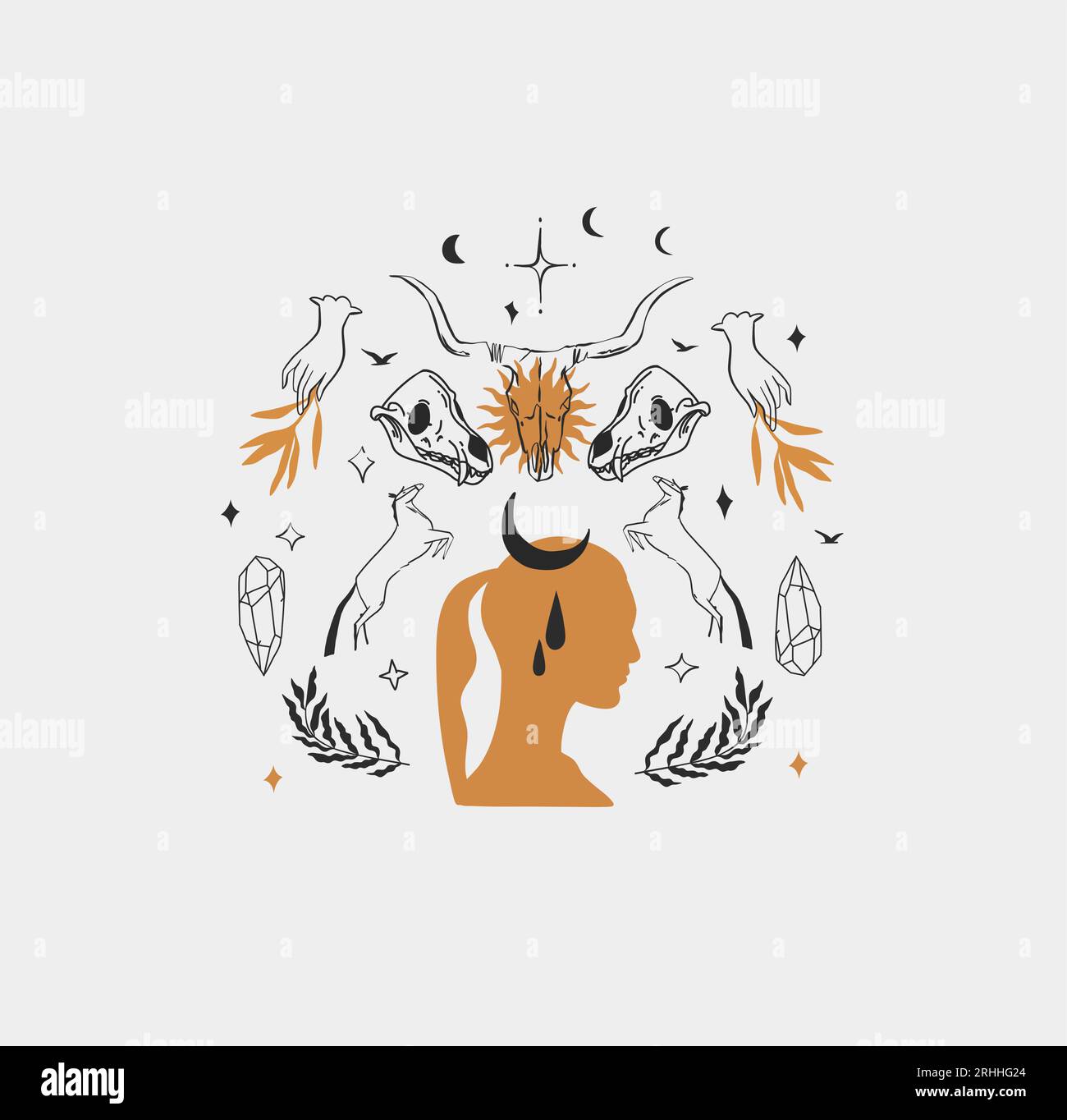 Hand drawn vector abstract,graphic magic witch woman,moon phases and ...