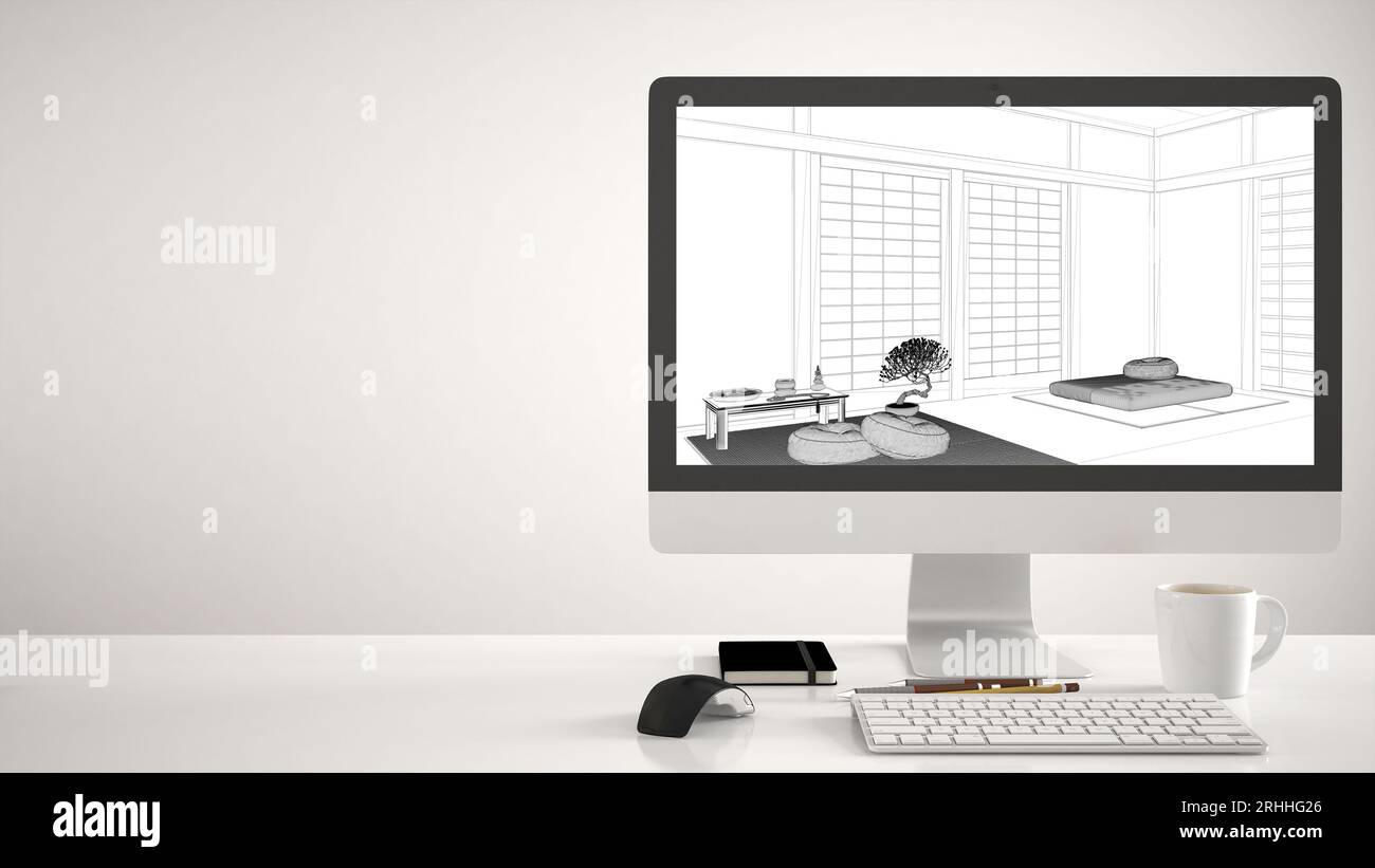 Architect house project concept, desktop computer on white background ...