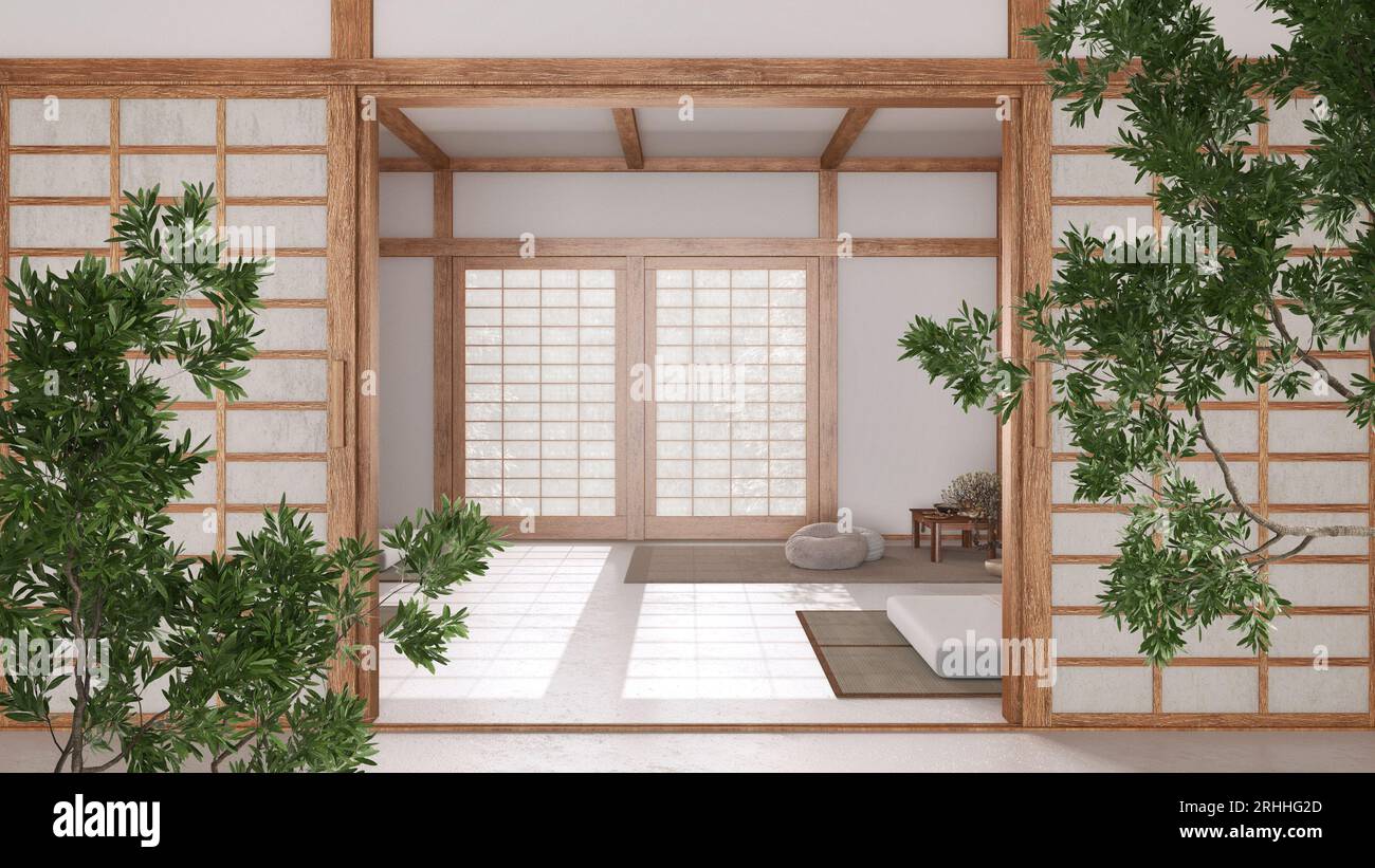 Green summer or spring leaves, tree branch over interior design scene ...
