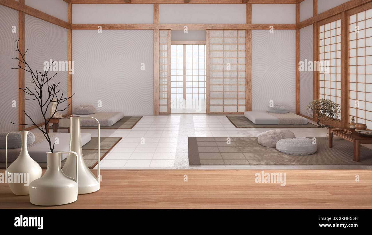 Wooden table top or shelf with minimalistic modern vases over zen ...