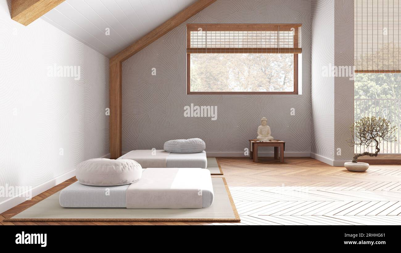 Minimal meditation room in white and beige tones in attic apartment ...