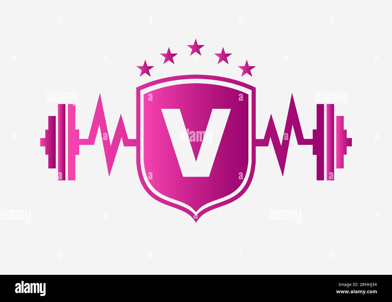 Letter V Gym Fitness Logo Design Concept With Barbell Shield and Start ...