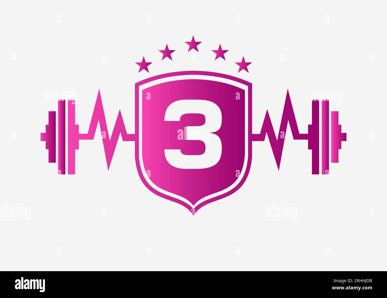 Letter 3 Gym Fitness Logo Design Concept With Barbell Shield and Start ...