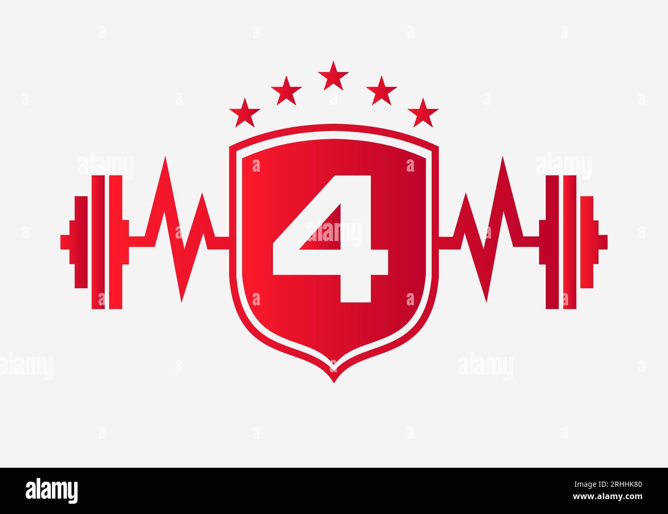 Letter 4 Gym Fitness Logo Design Concept With Barbell Shield and Start ...