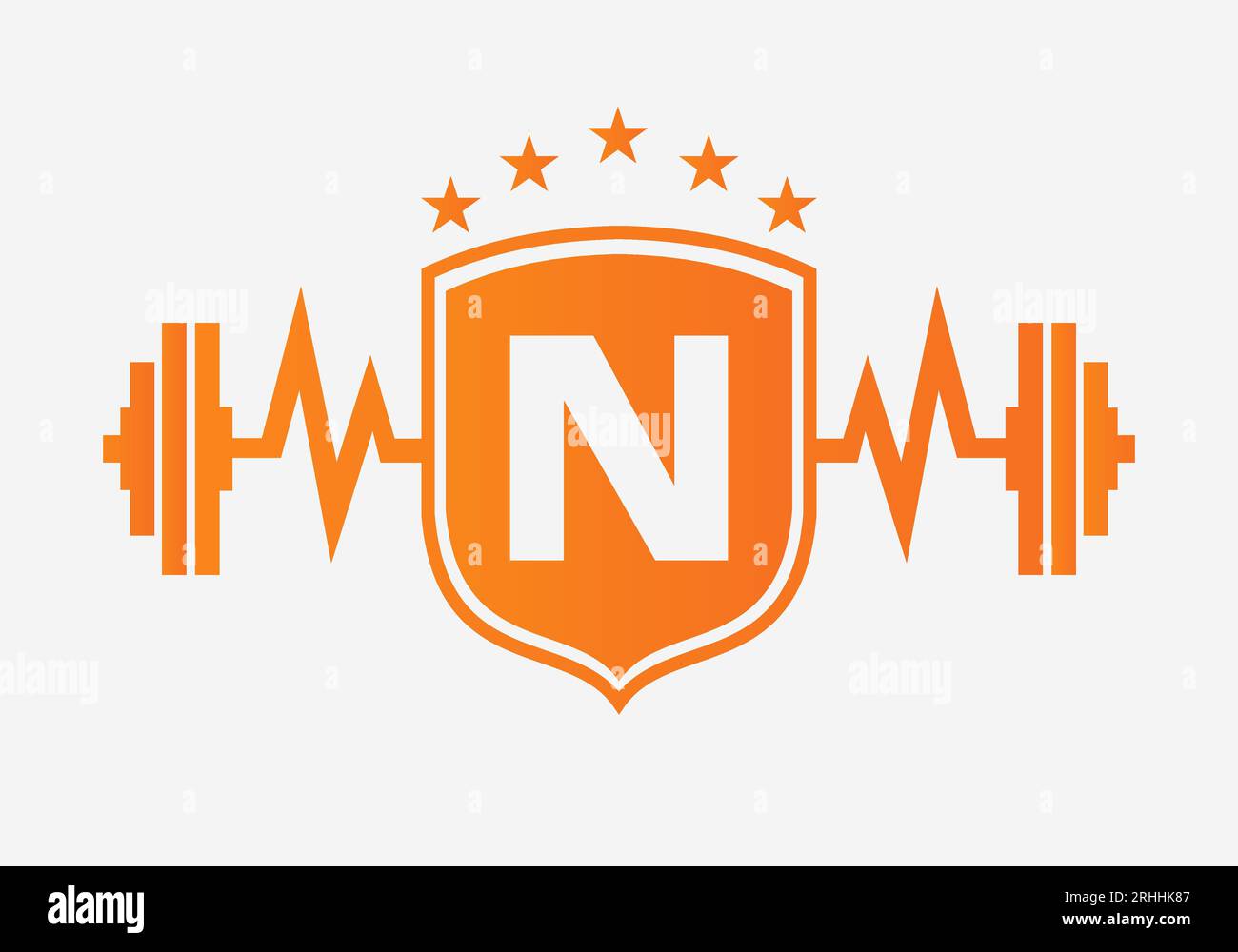 Letter N Gym Fitness Logo Design Concept With Barbell Shield and Start ...