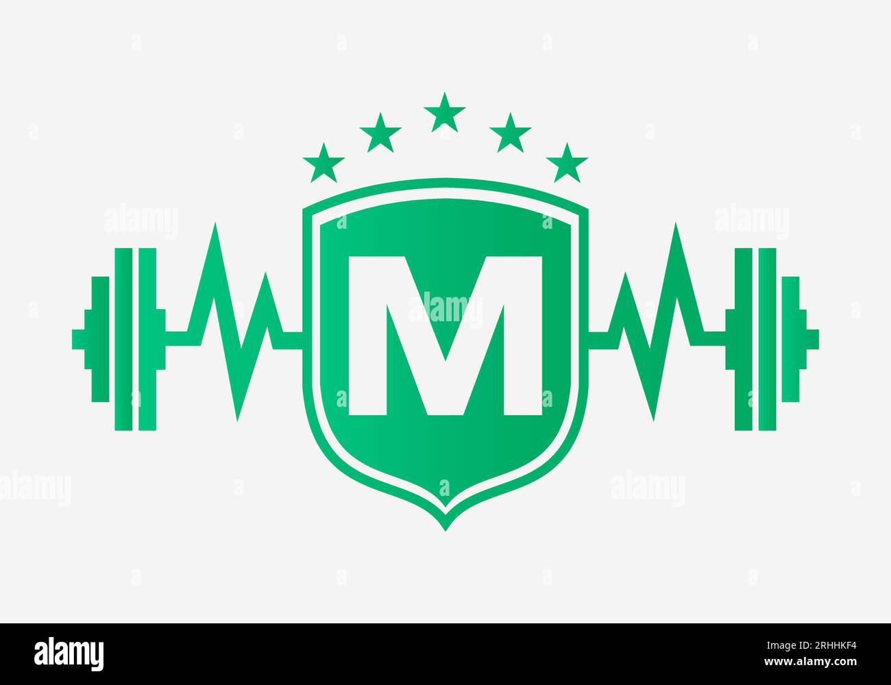 Letter M Gym Fitness Logo Design Concept With Barbell Shield and Start ...