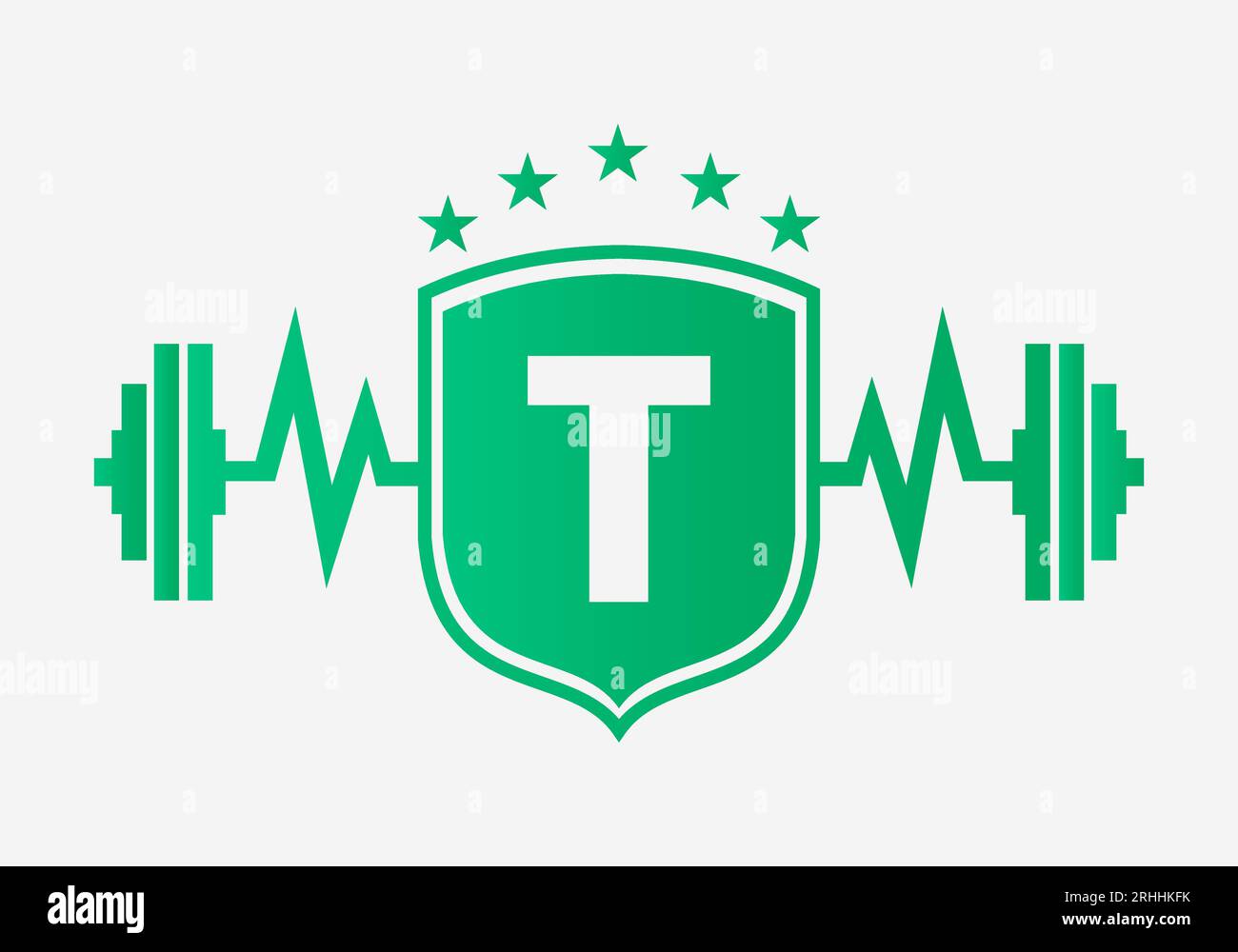 Letter T Gym Fitness Logo Design Concept With Barbell Shield and Start ...