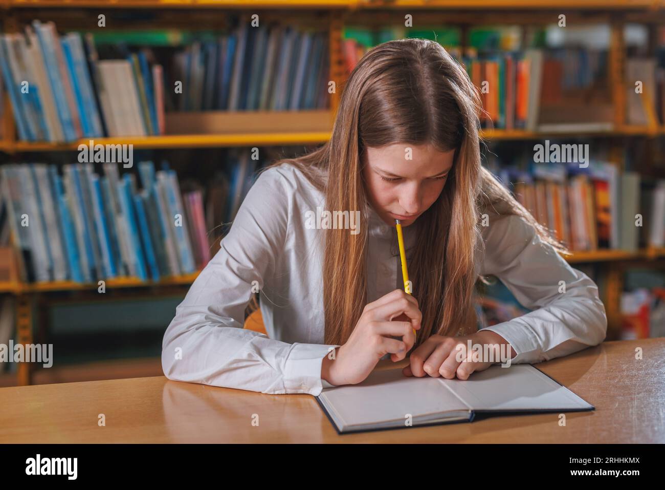 Academic teen girl studying in the library, solving assignments ...