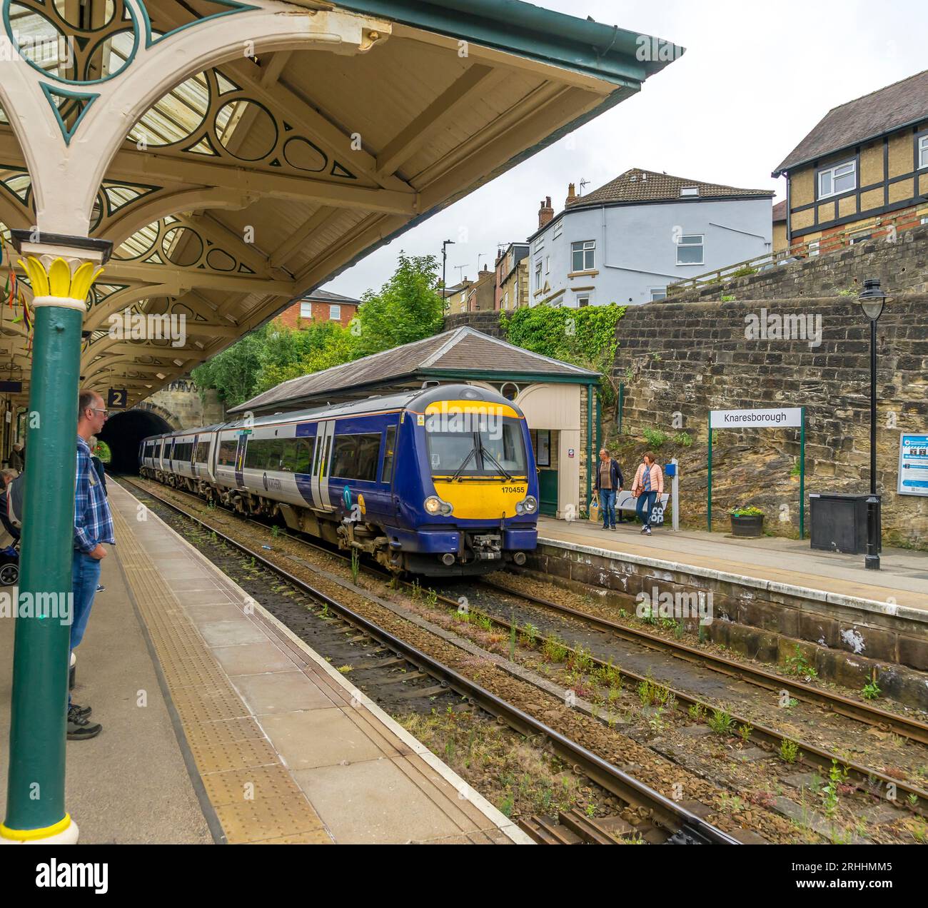 Northern railway train arriving platform one Knaresborough station ...