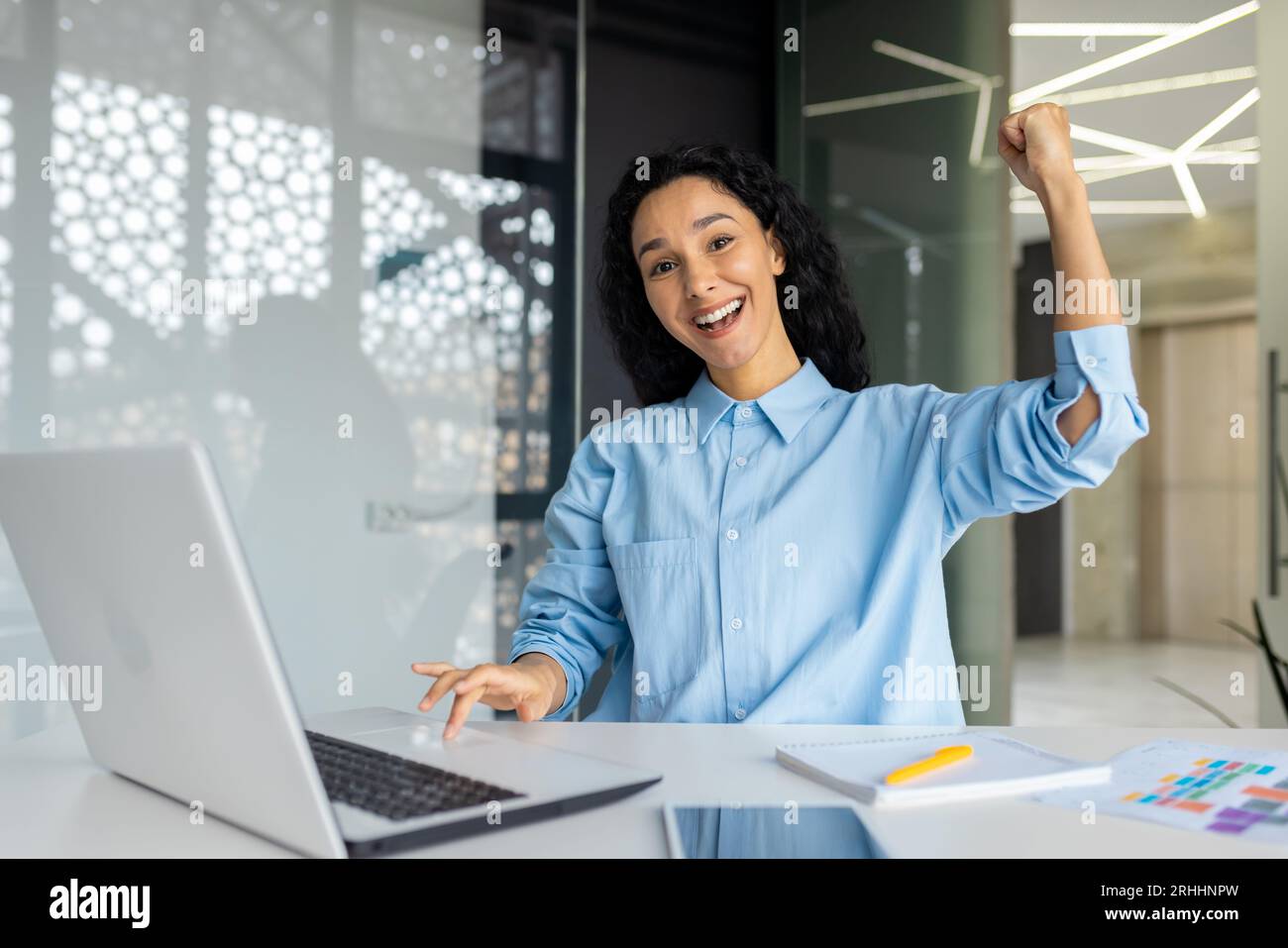 Portrait of sleepy mature adult business woman, latin american joyful ...