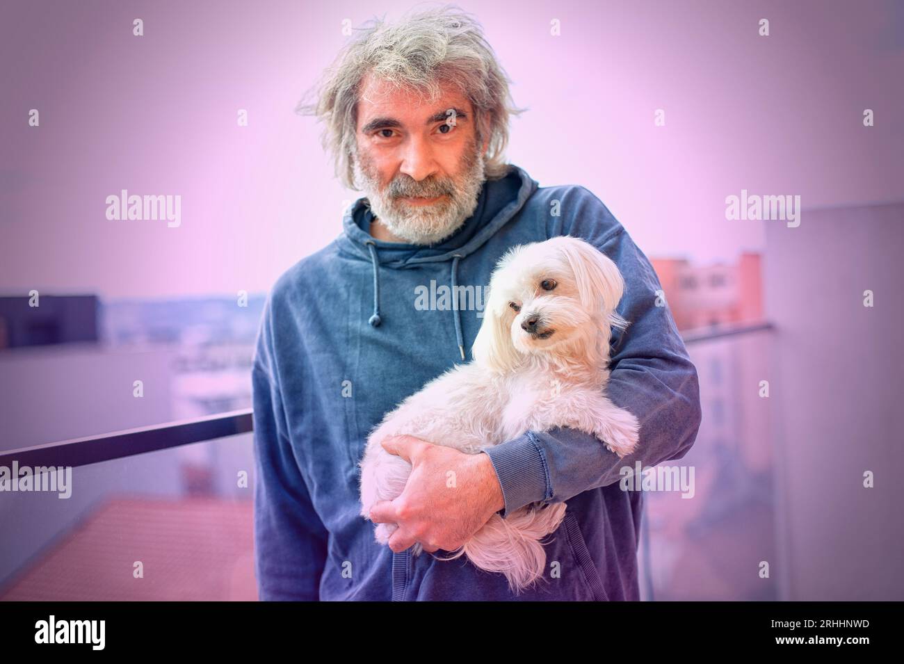Adult happy european smiling bearded hipster man, holding in hands his ...