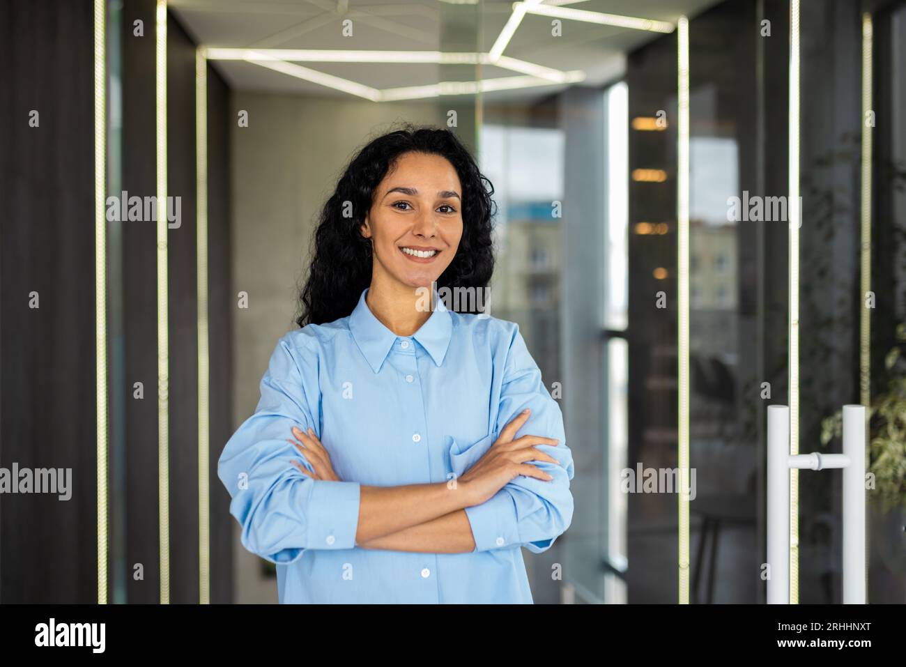 Portrait of happy and successful business woman, boss in shirt smiling ...