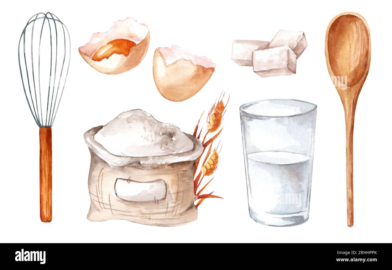 set of watercolor illustrations of baking for a pastry shop ...