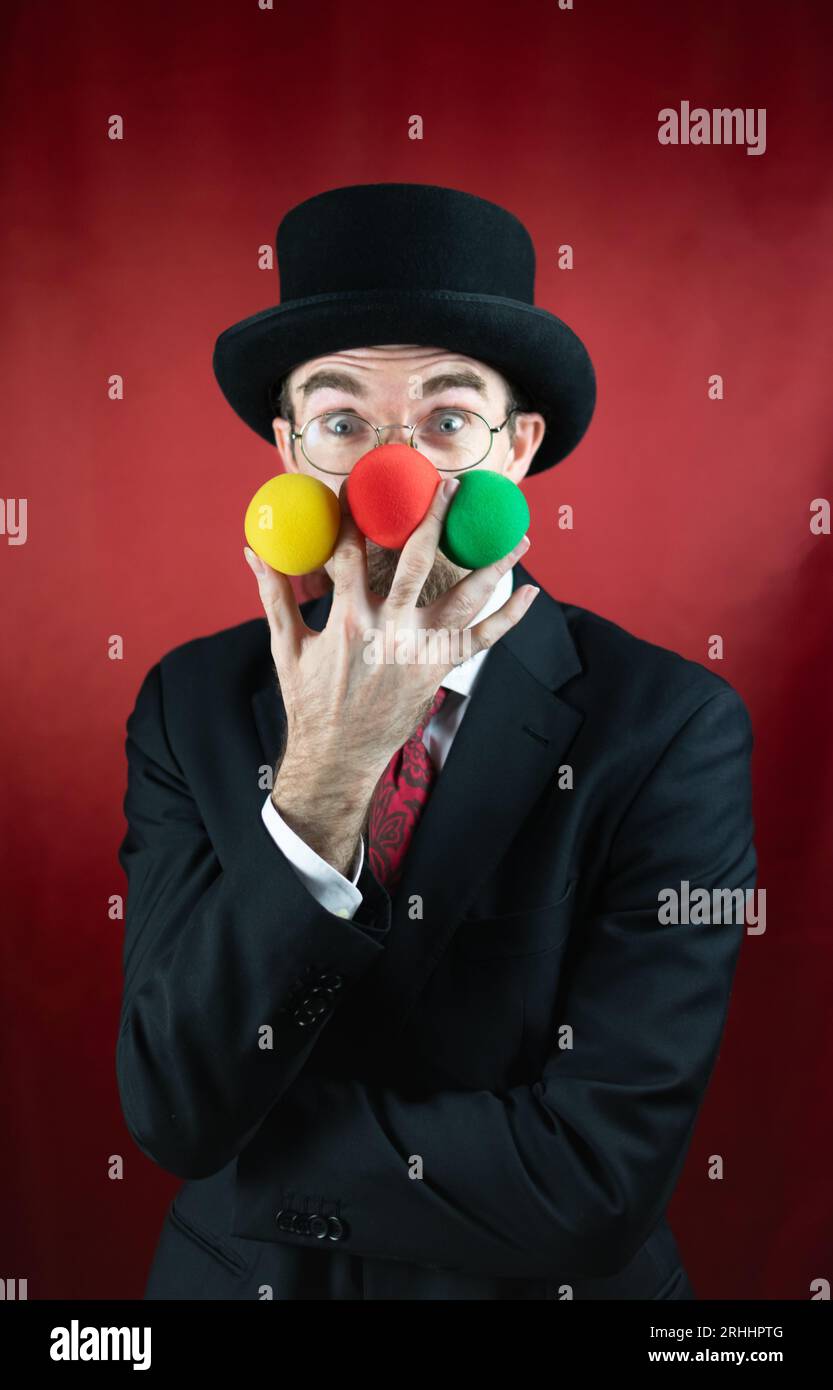 Vintage Caucasian Magician with top hat, glasses and mustache with ...