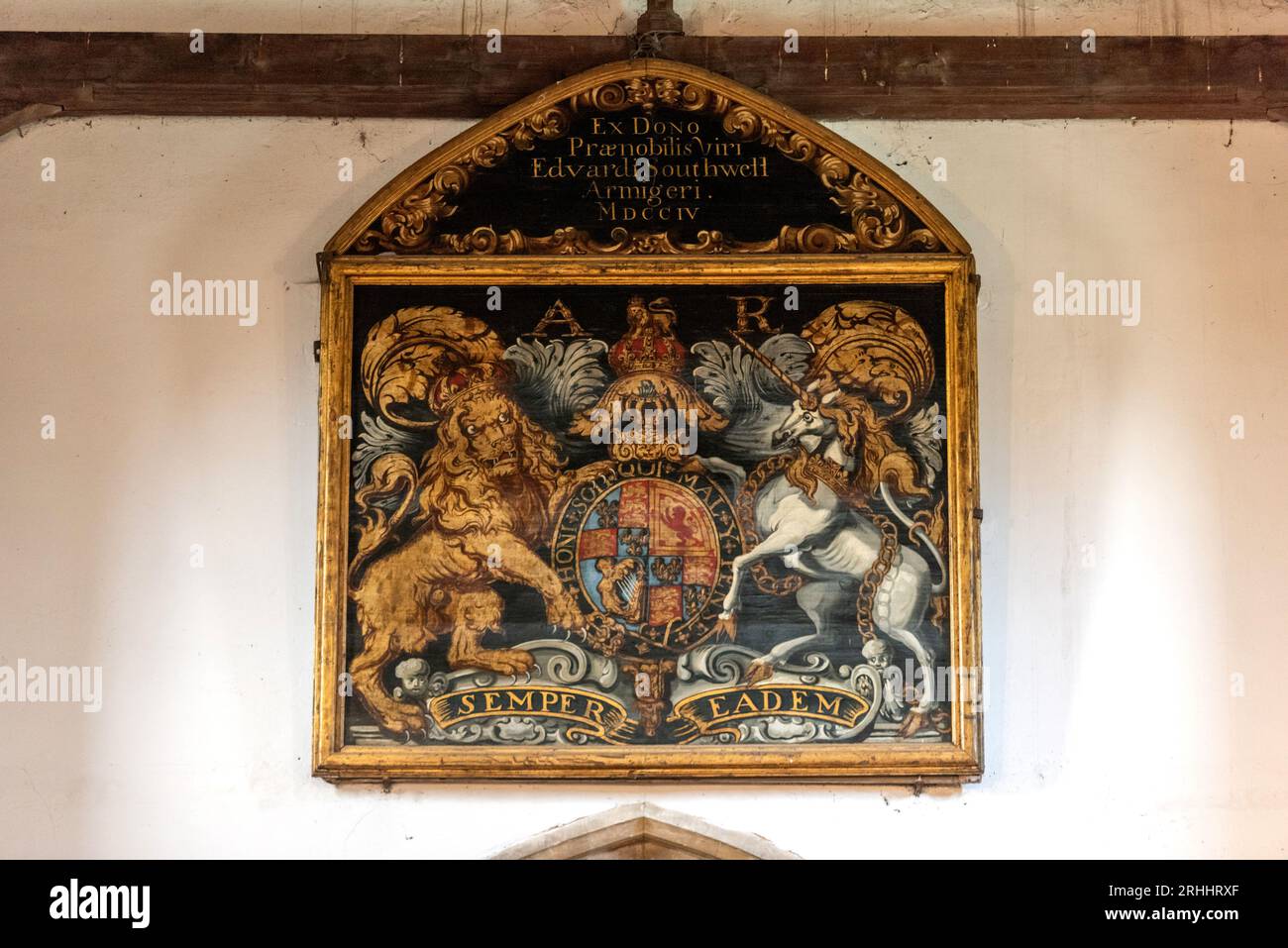 Rye, August 15th 2023: The Royal coat of arms, dating from 1704, with ...