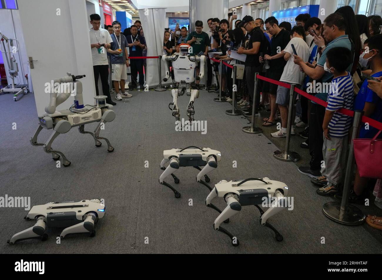 Visitors look at the remote control robots perform during the annual ...