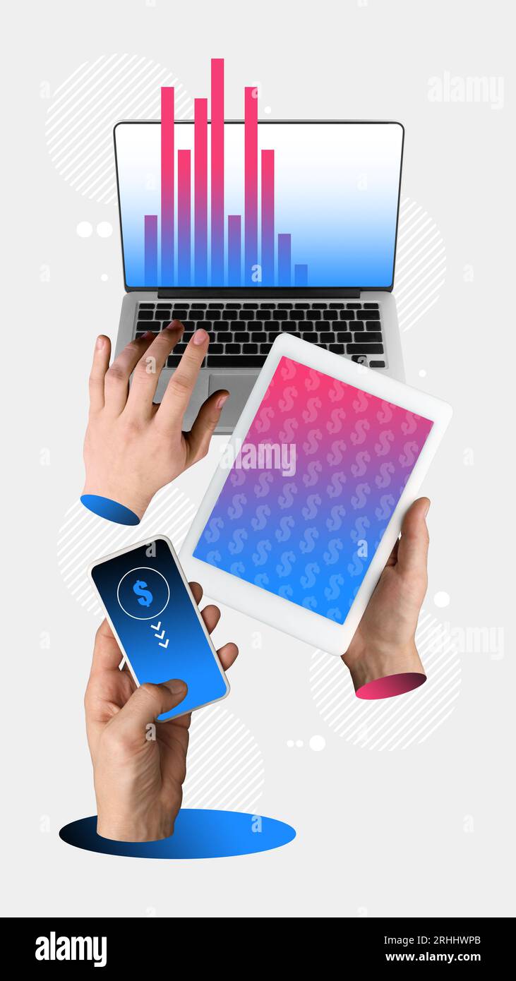 Human hands working with gadgets, laptop, tablet and mobile phone ...