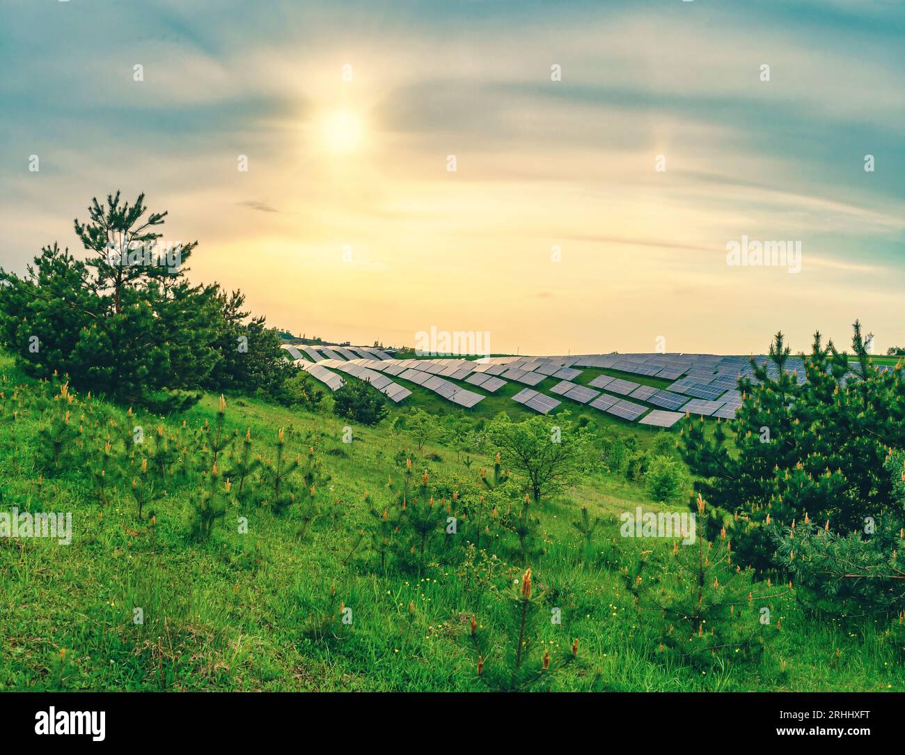 Solar panels in the hills in nature under the rays of the sun Stock ...