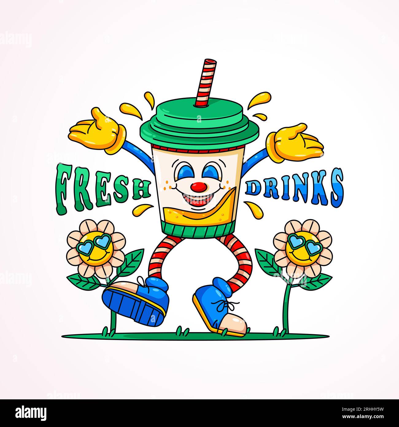 Retro cartoon Fresh drink, cup of drink dancing in the garden with ...