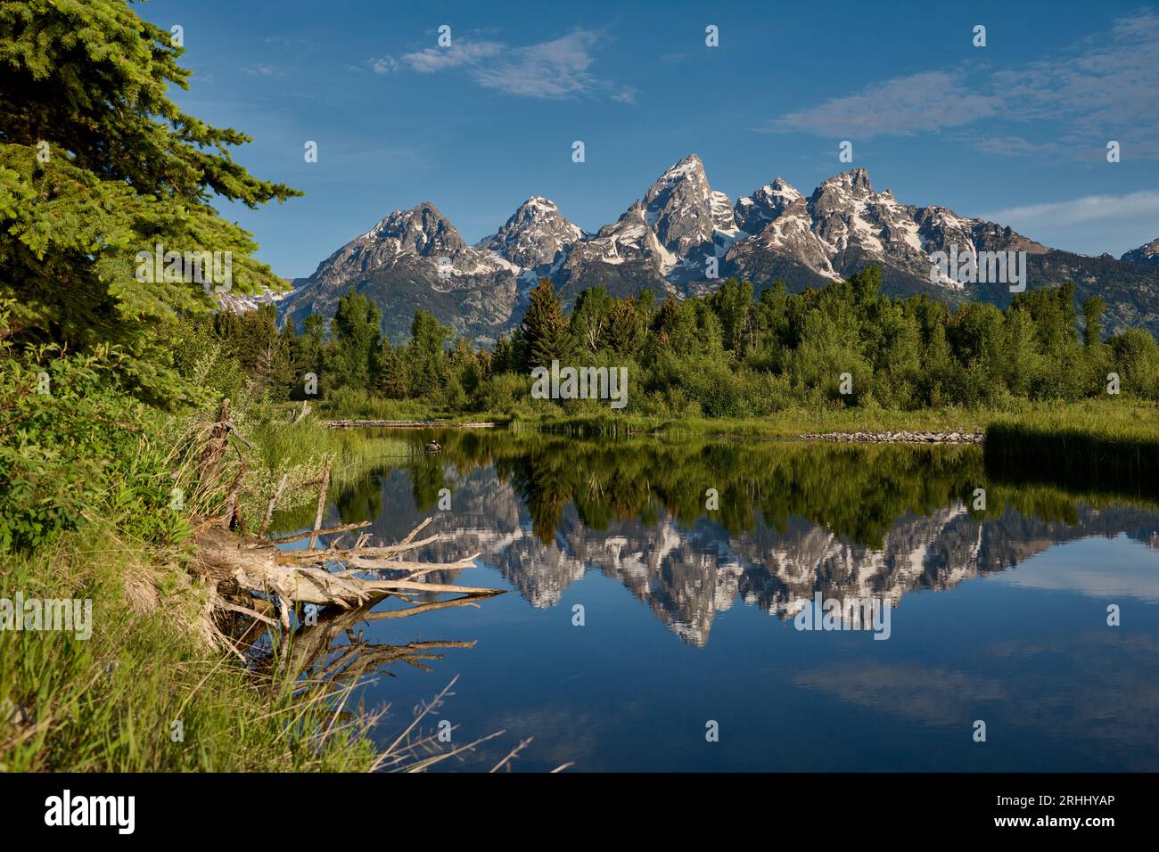 Grand Teton Range with reflection in river at Schwabacher Landing ...