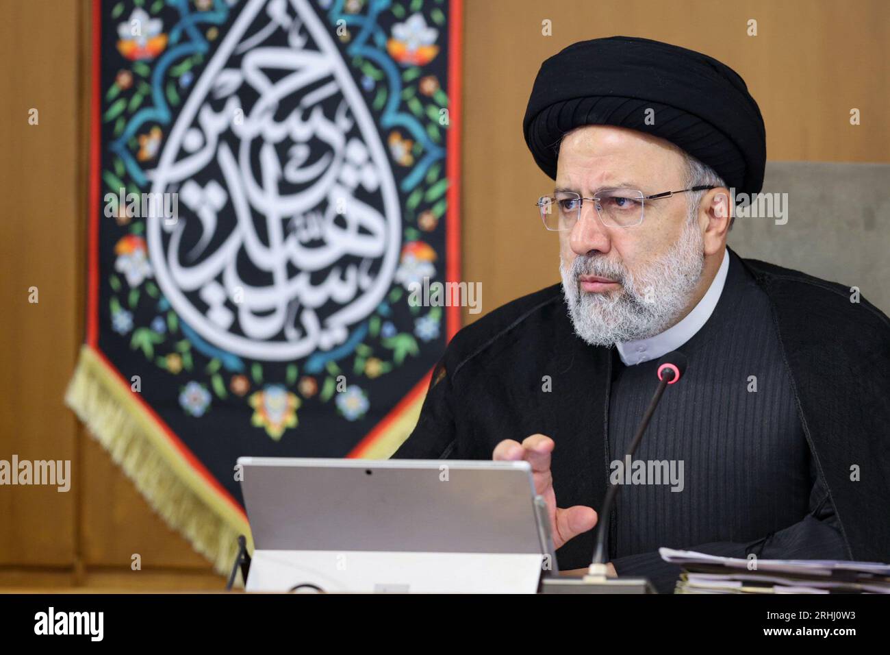 Tehran, Iran. 16th Aug, 2023. Iranian president EBRAHIM RAISI speaks ...