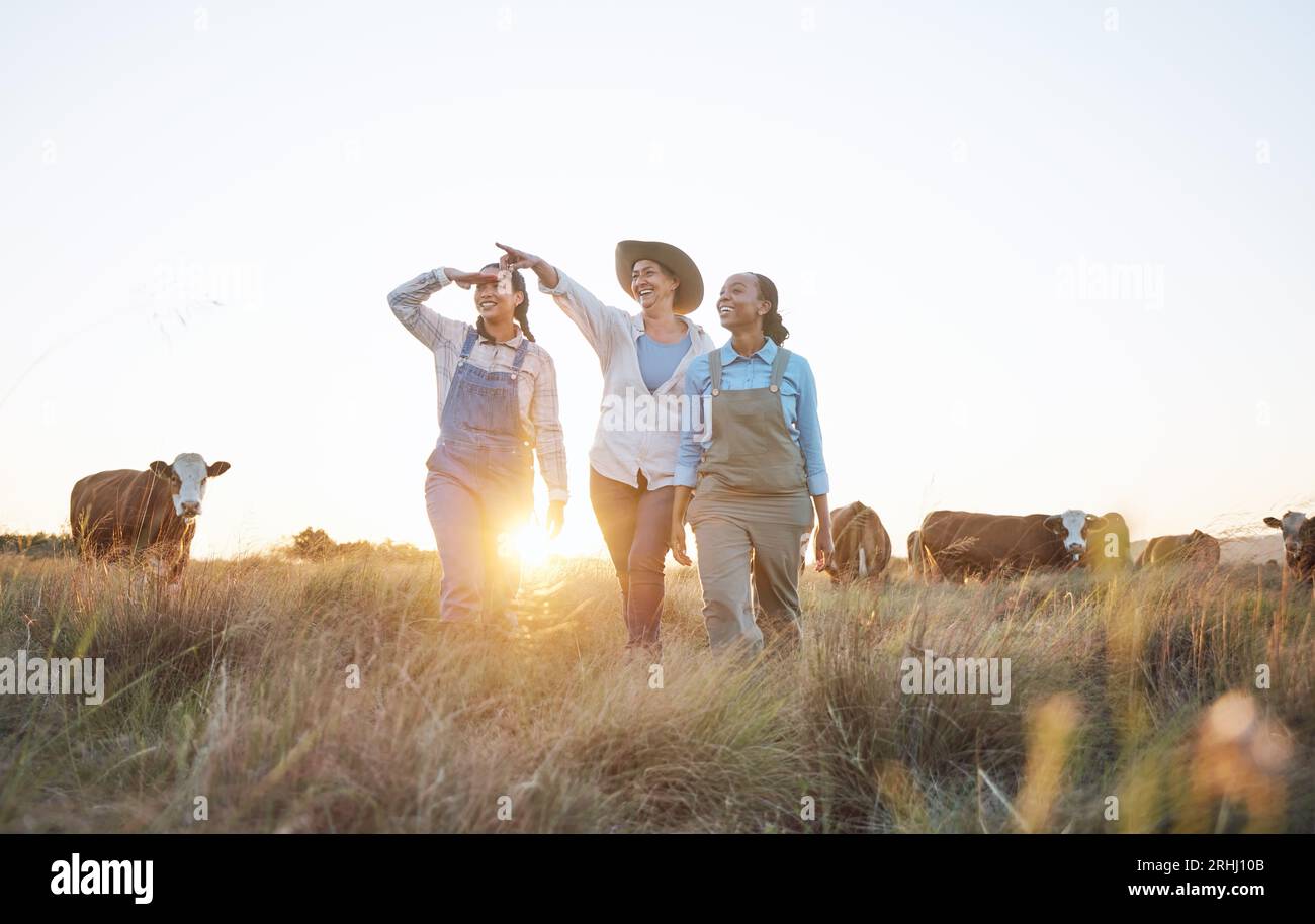 Farm, agriculture and women with cow pointing for inspection, livestock ...