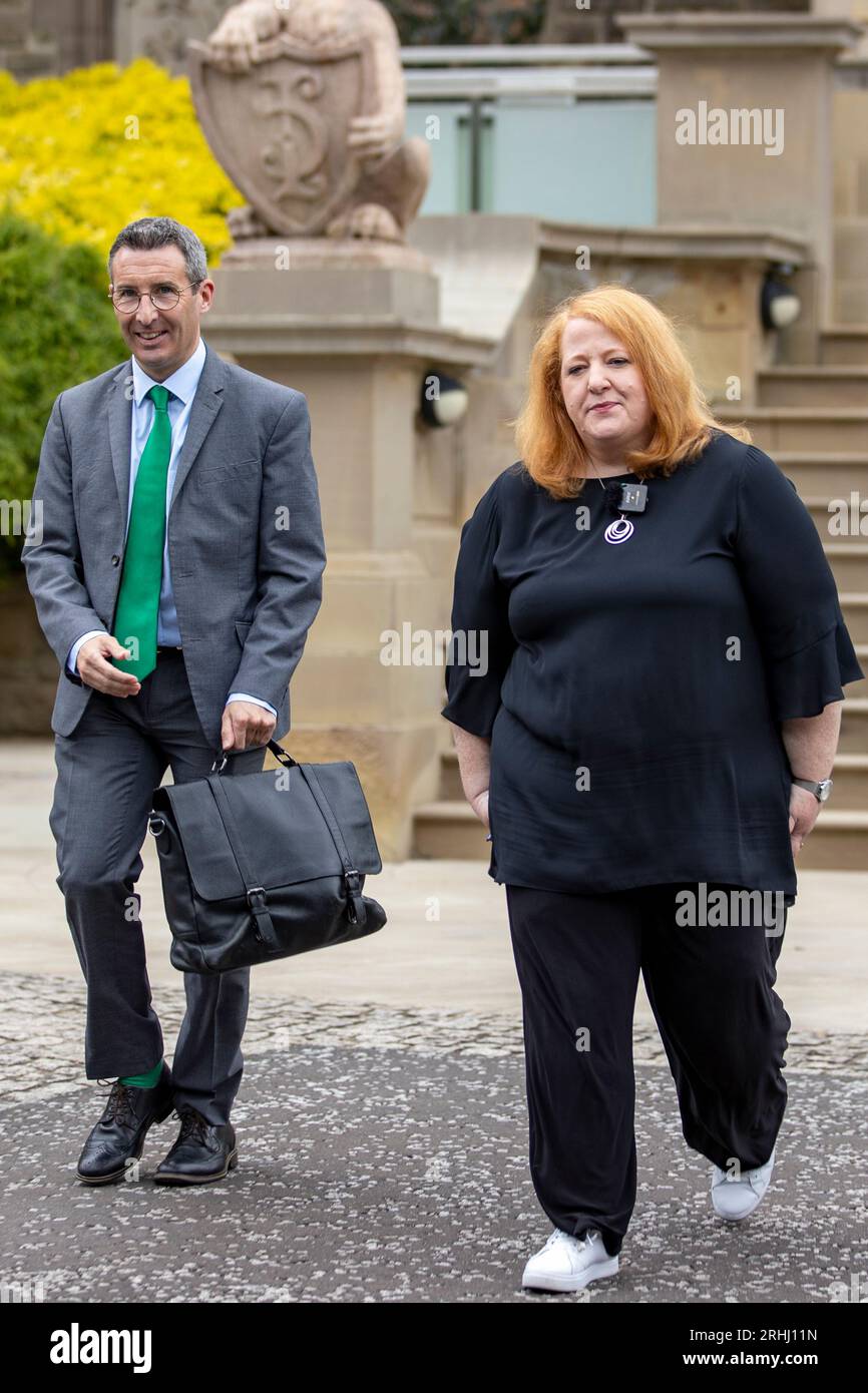 Alliance Party leader Naomi Long and Andrew Muir following a meeting ...