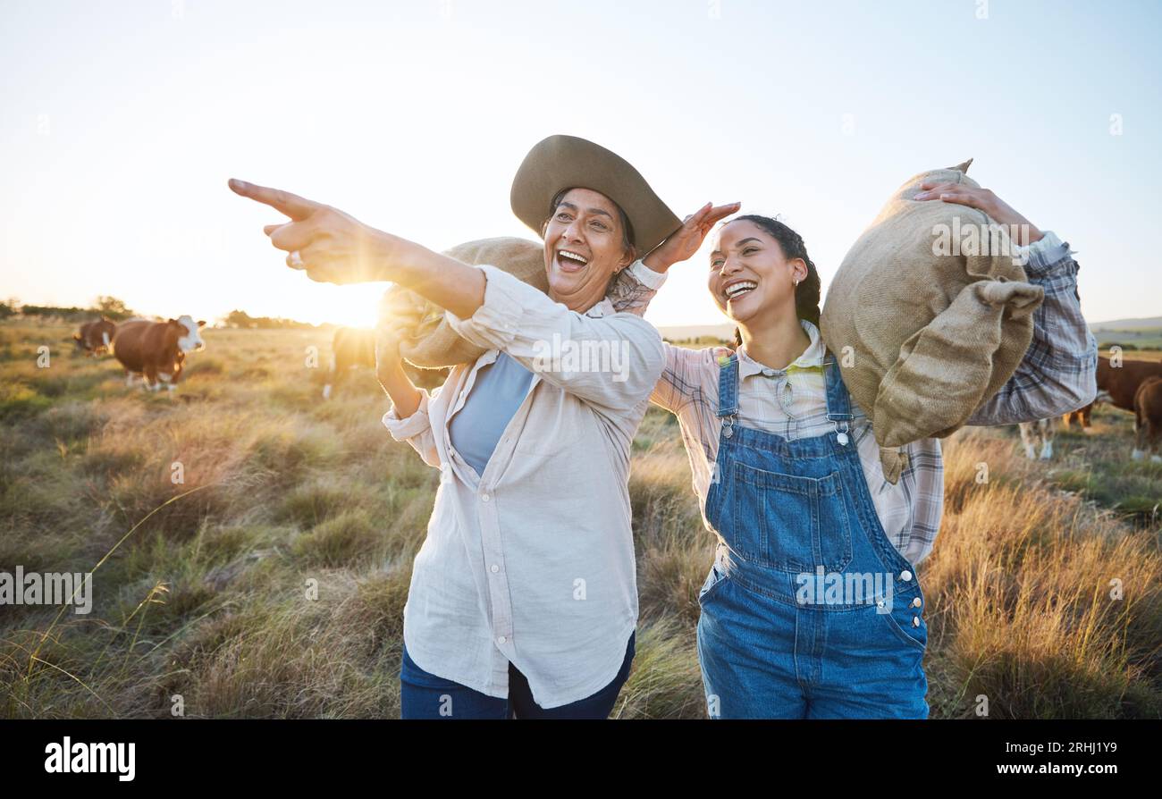 Hand pointing, happy and women on a farm for sustainability, agro and ...