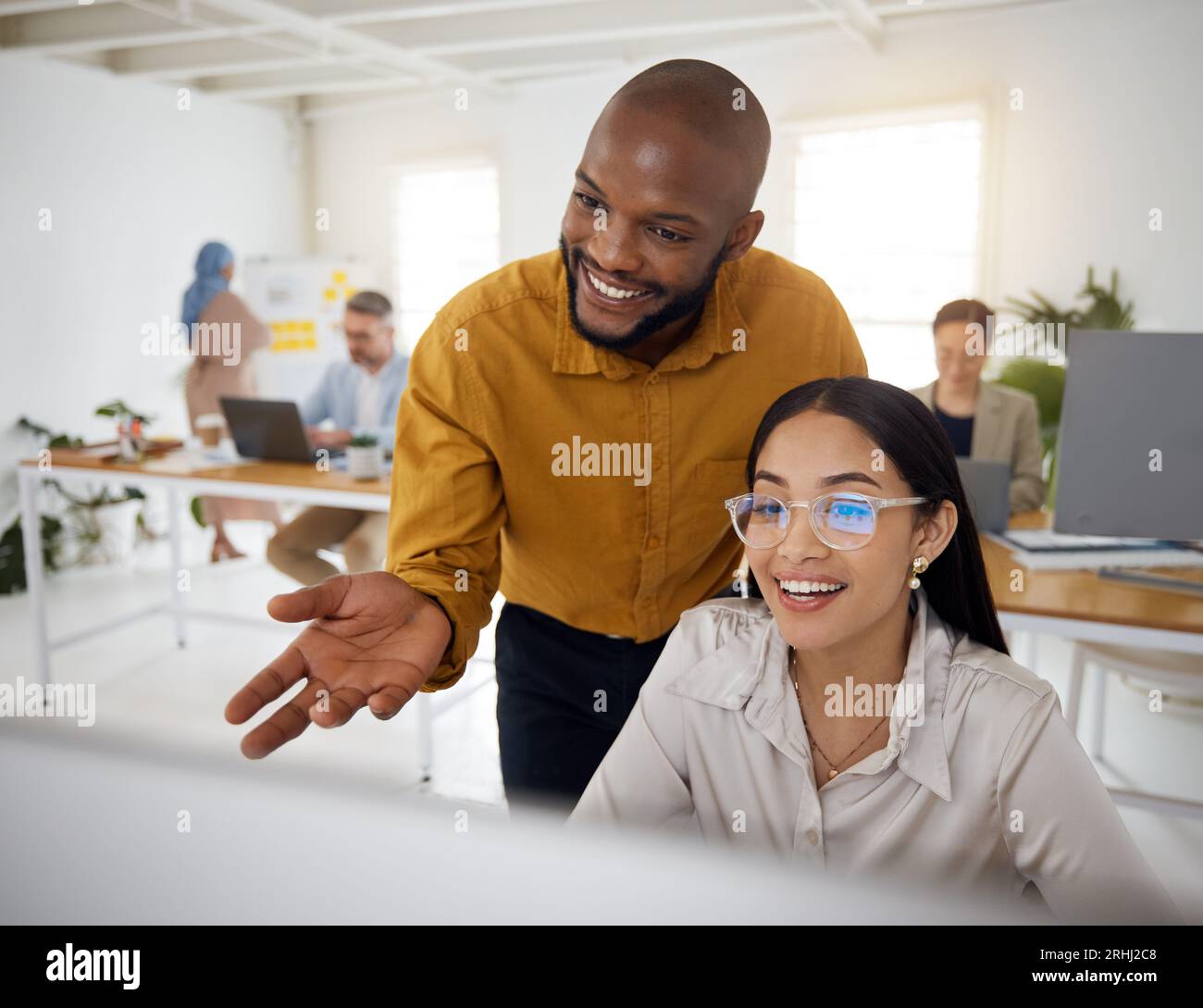 Training, teamwork and computer with business people in office for creative, planning and ...