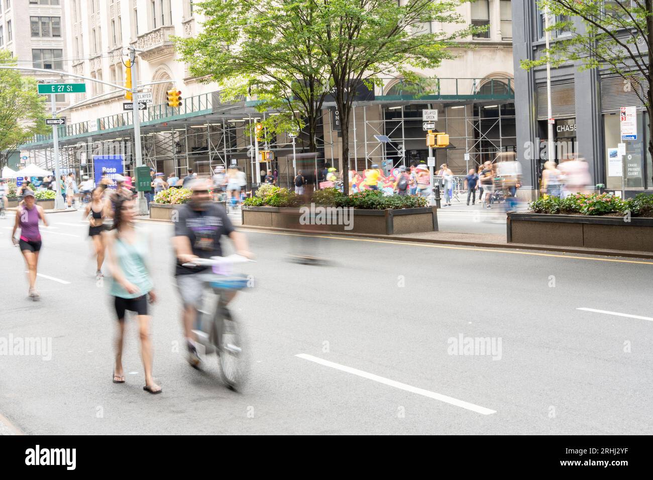 New York, NY, USA - August 12th, 2023 - bikers and pedestrians enjoy ...