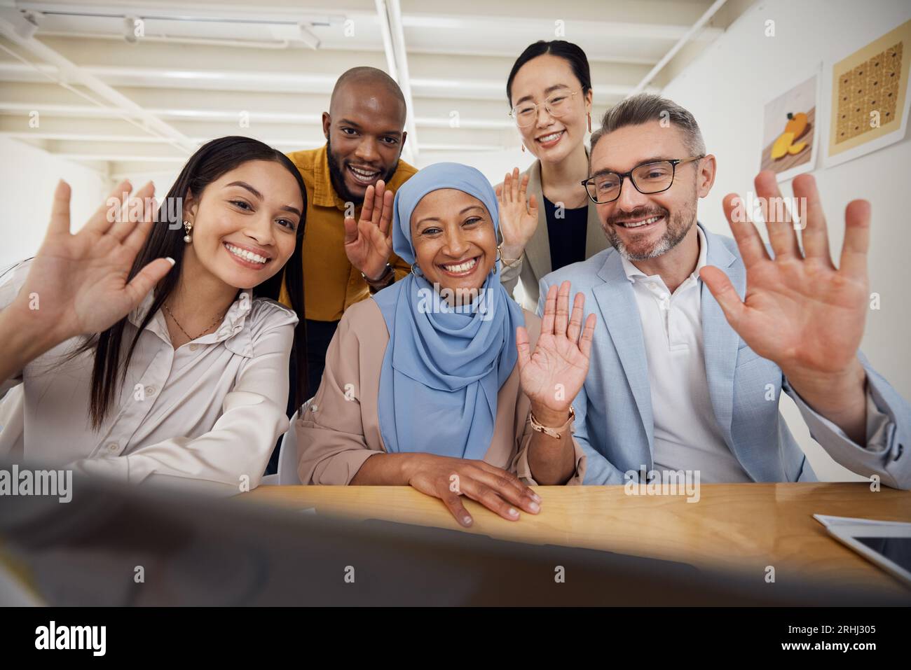 Business people, video call and team portrait for online meeting ...