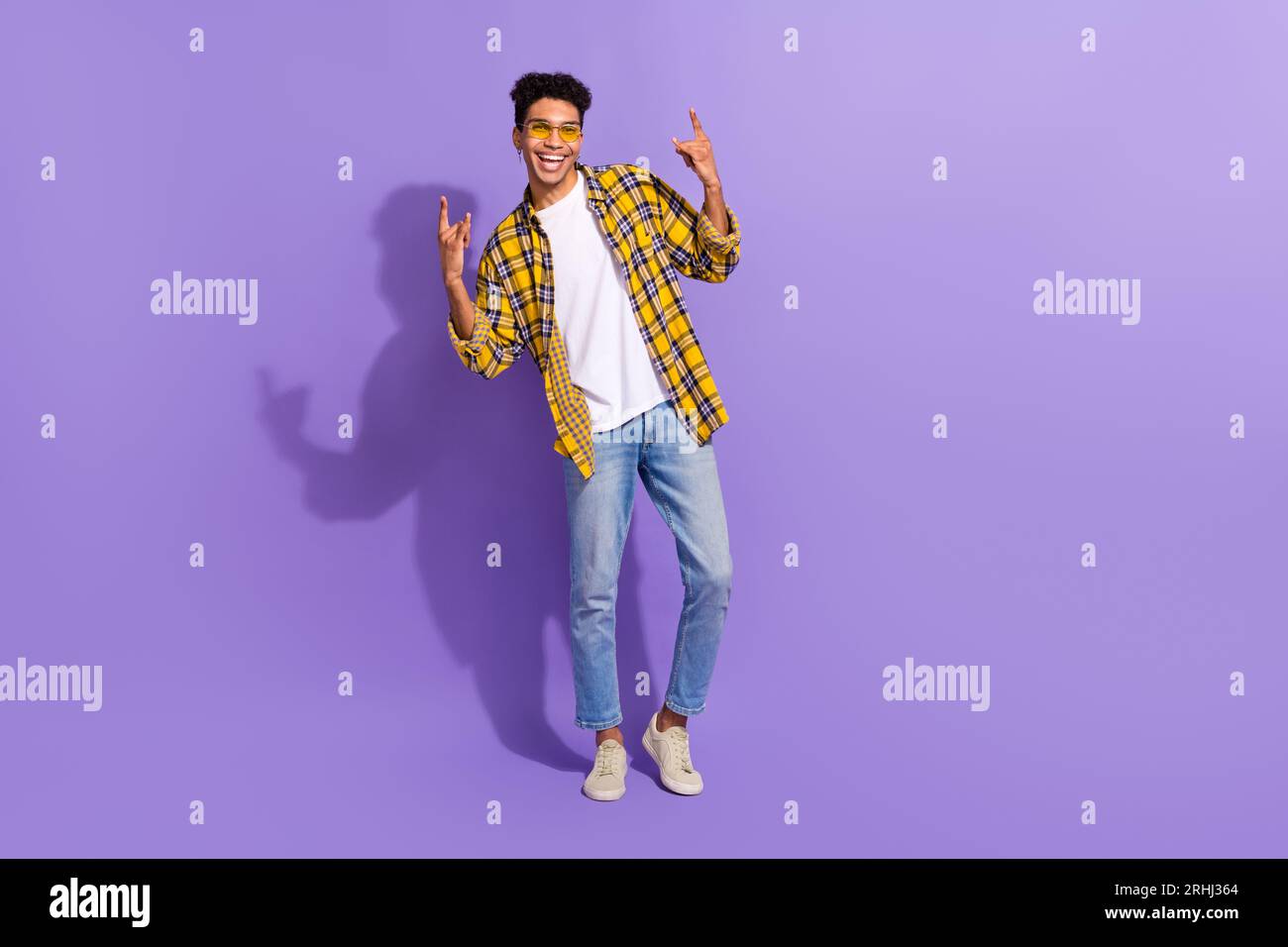 Full body portrait of overjoyed person hands fingers demonstrate heavy ...