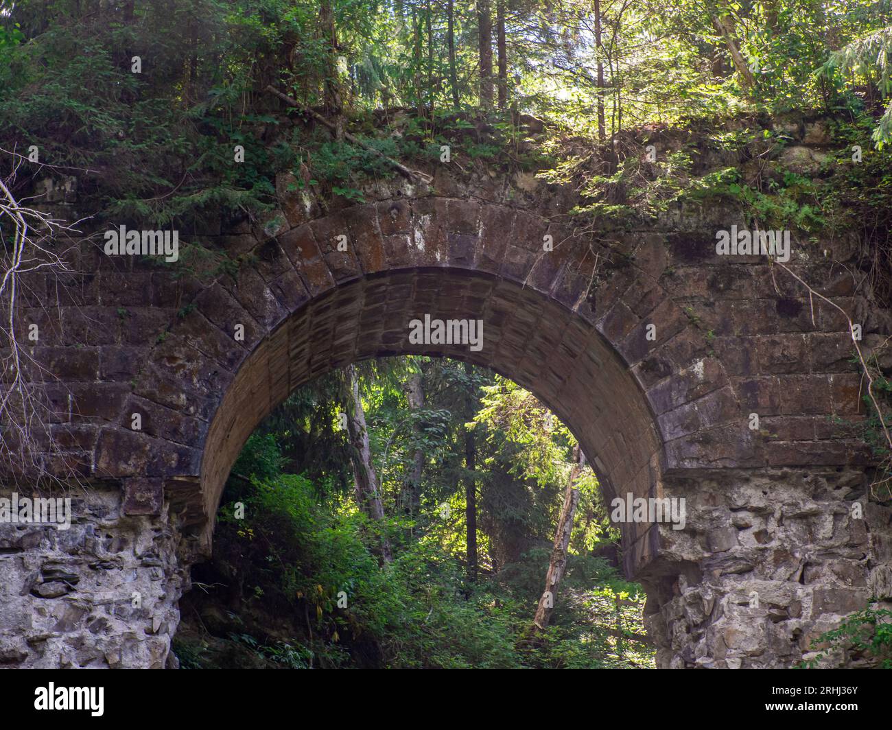 Old stone arched destroyed bridge over small river in a mountain forest ...