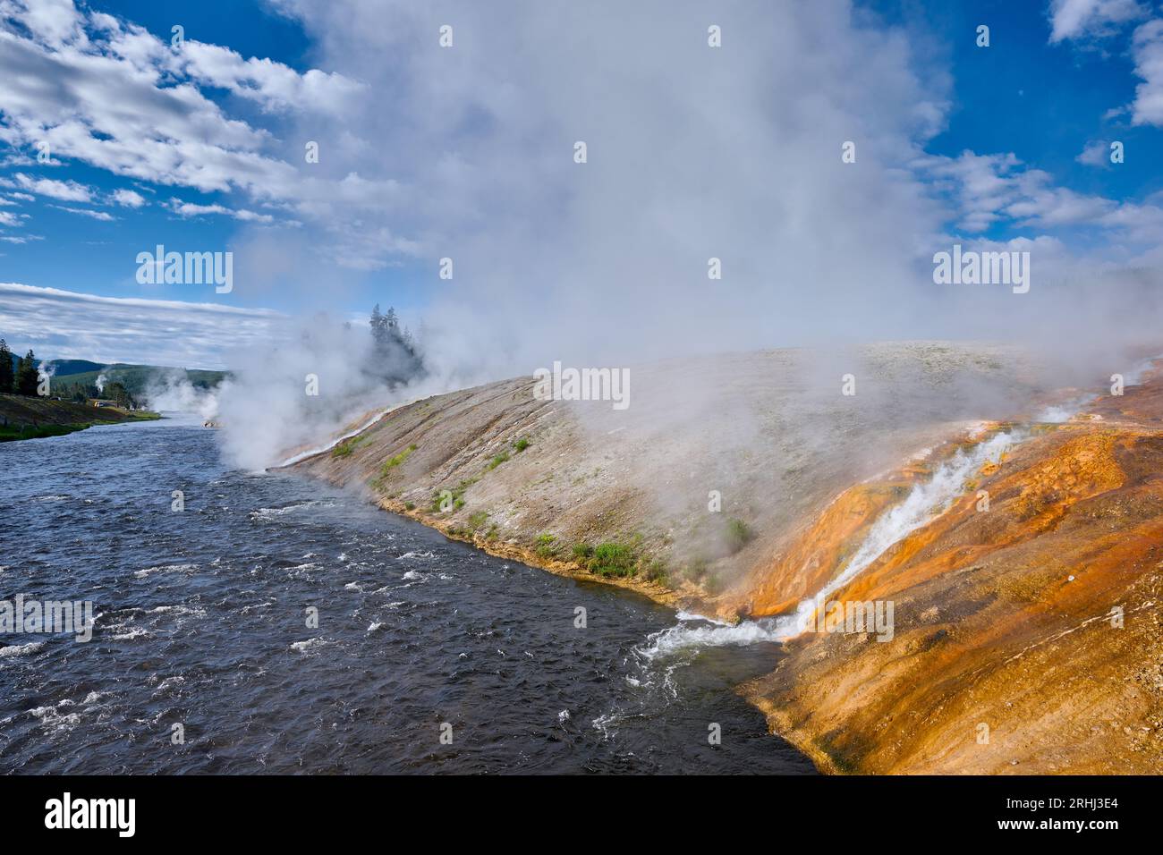 hot spring water flows into Firehole River, Midway Geyser Basin ...