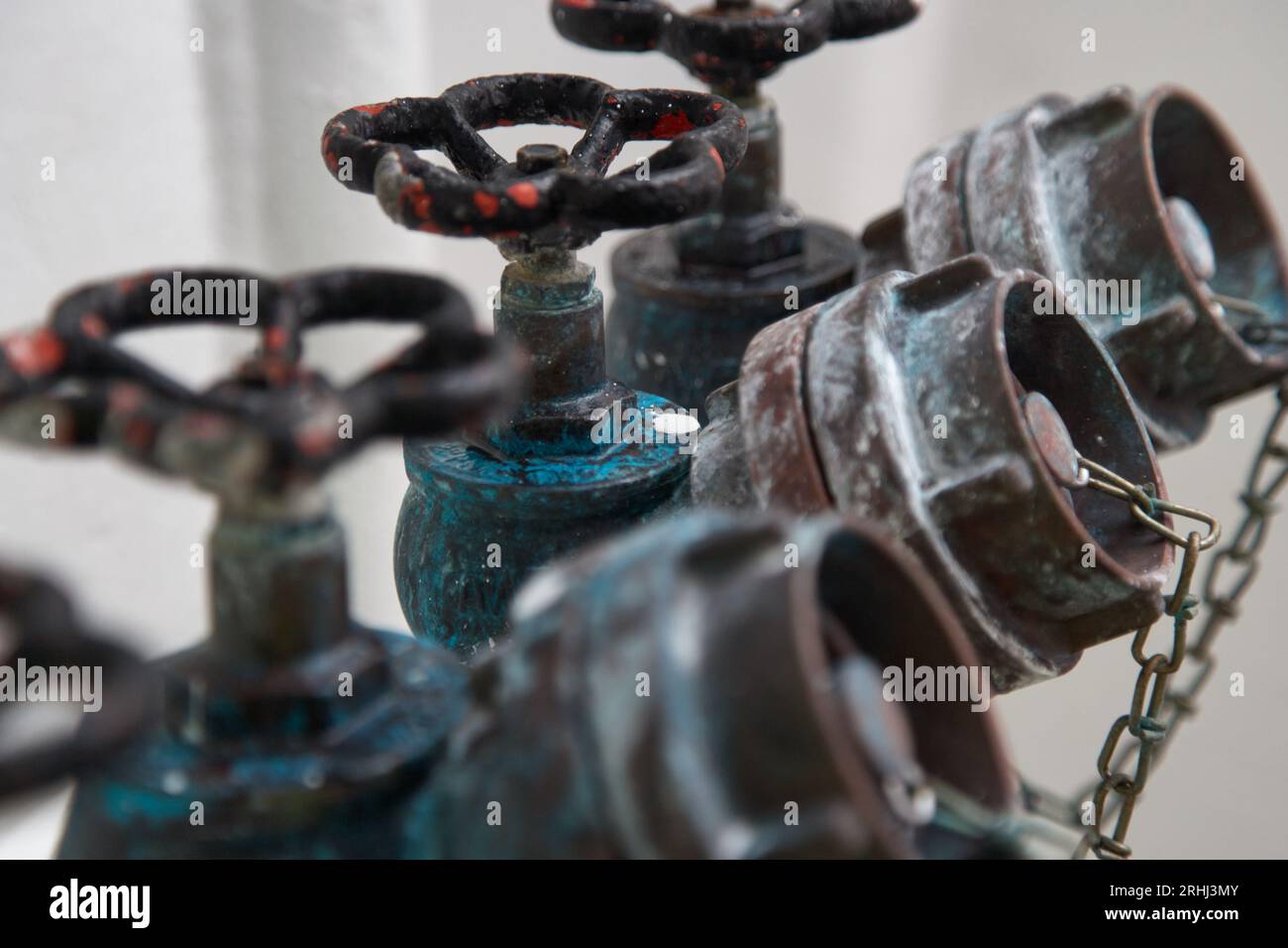 Offshore vessel rusty brass fire hydrant manifold with manual valves ...