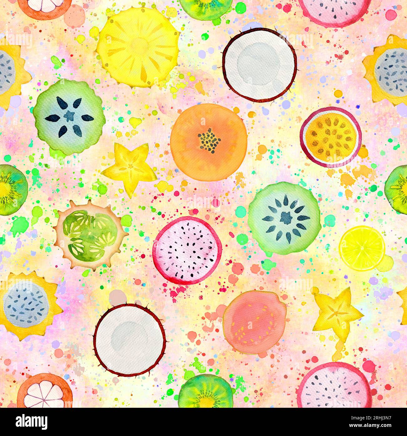 Seamless pattern with exotic tropical fruits slices. Watercolor hand ...