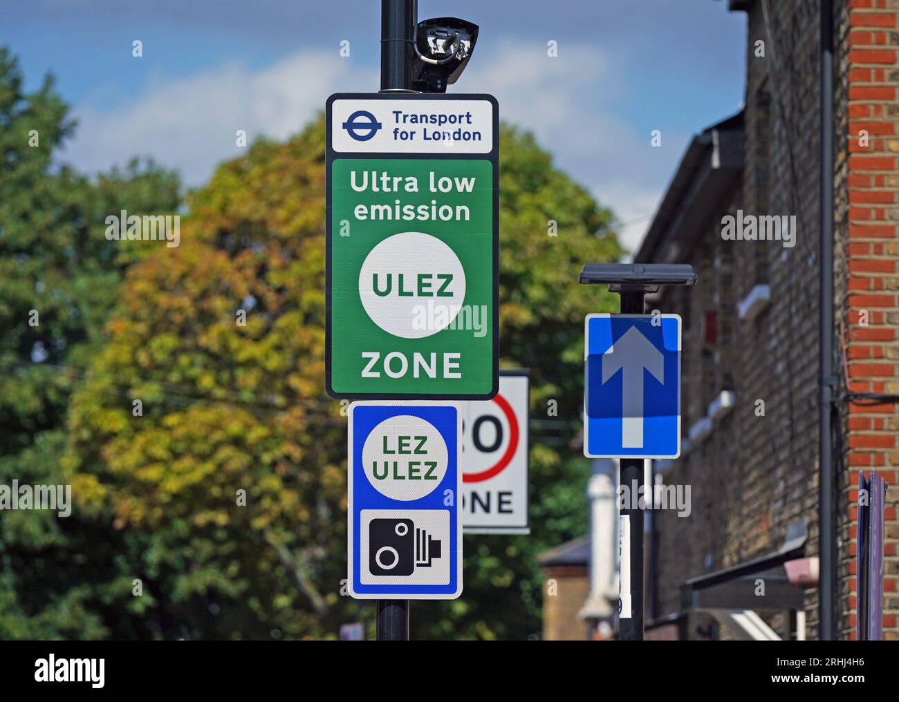 An information sign for the Ultra Low Emission Zone (Ulez) on Brownhill ...
