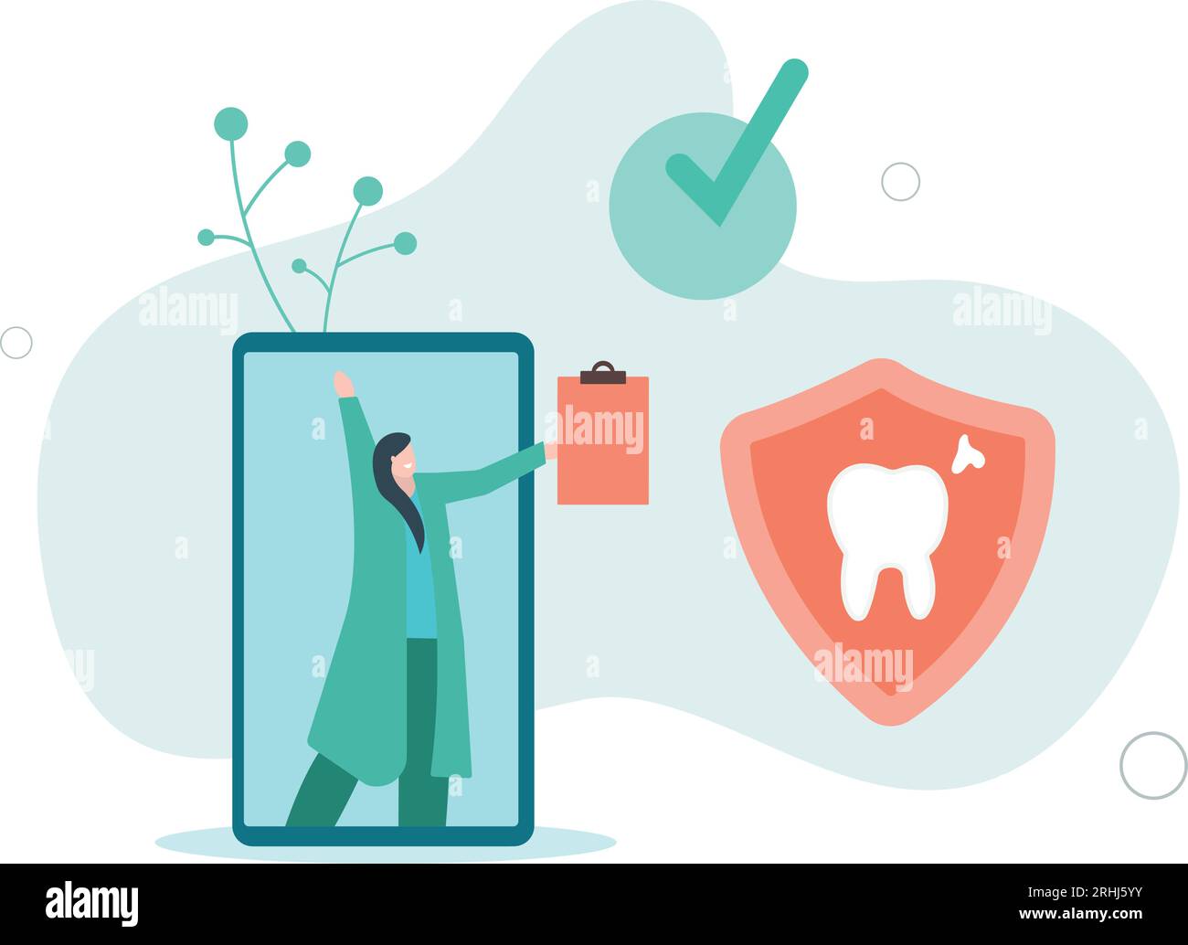 Smiling dentist on phone screen with checkmark and tooth. Online ...