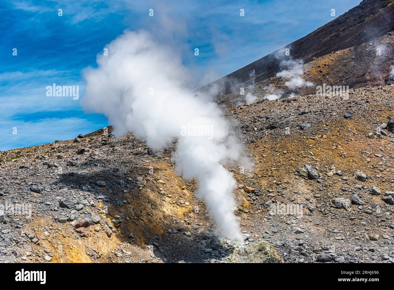 Active volcano Asahidake with fumaroles emitting sulphuric gases in ...
