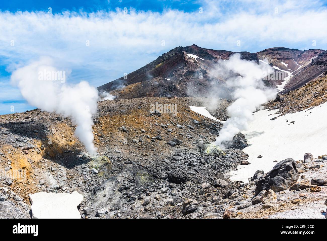 Active volcano Asahidake with fumaroles emitting sulphuric gases in ...