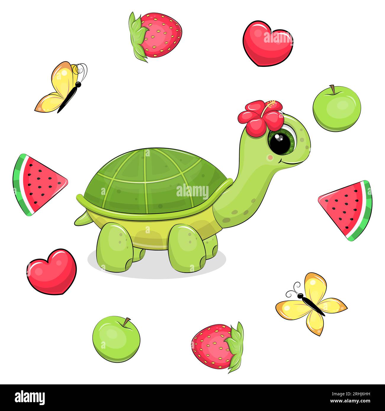 Cute cartoon green turtle in a fruit frame. Summer animal vector ...