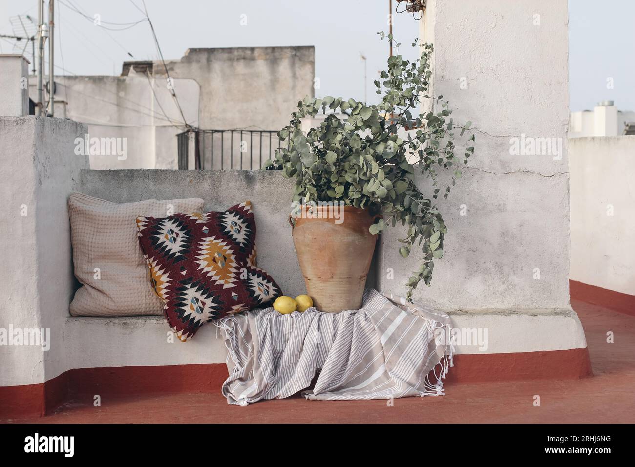 Summer vacation still life, relaxation concept. Cozy sitting area at ...