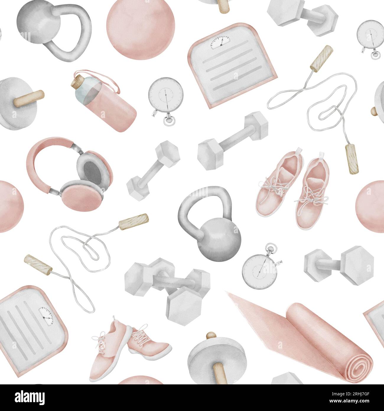 Seamless Pattern with female Fitness exercise equipment. Hand drawn ...