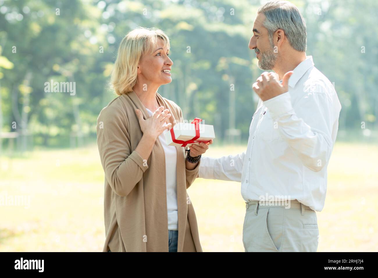 husband take gift to surprised wife in park, old love couple in ...