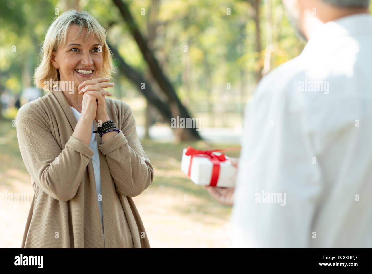 husband take gift to surprised wife in park, old love couple in ...