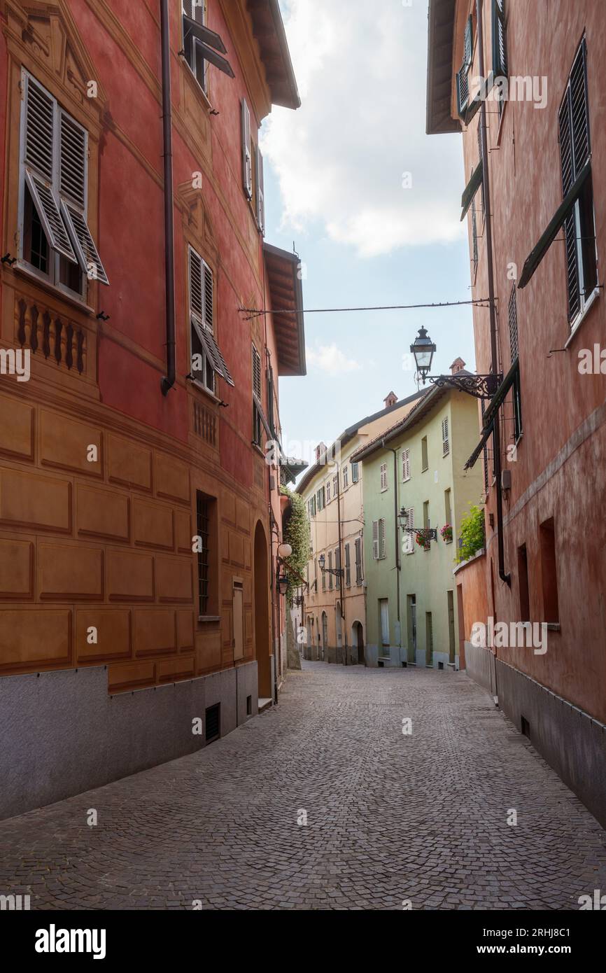 Historic buildings along via Monte di Pieta at Novi Ligure, Alessandria ...
