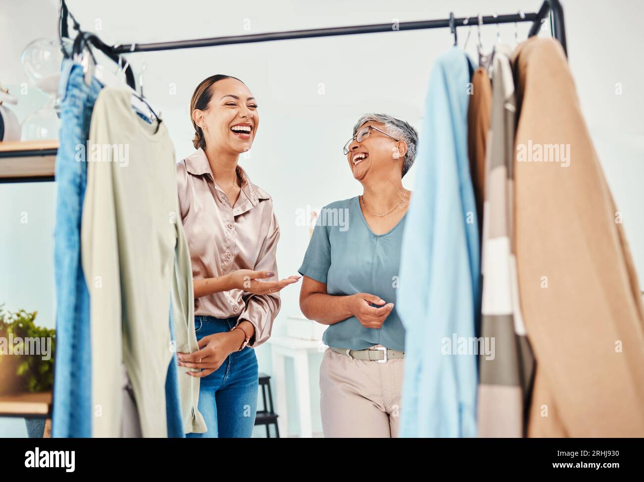 Smile, customer and employee with fashion, sales and funny with clothes ...