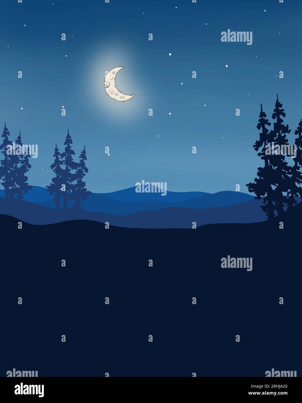Cartoon Drawing of the Moon rising high in the sky amongst the ...